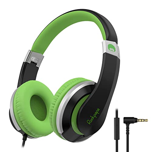 rockpapa I20 Foldable Kids Headphones with Microphone for School, Wired On-Ear Boys Girls Childrens Students Headphones Plug in for Tavel Laptop Computer PC Tablet CD DVD TV Black Green