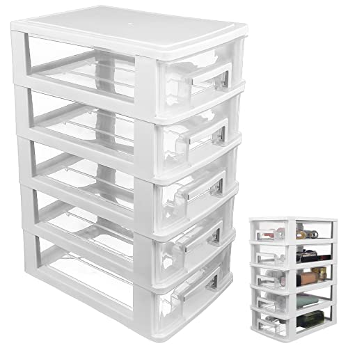 TOYANDONA Storage Cabinet 5 Drawer Plastic Storage, Storage Organizer Plastic Storage Bins with Drawers Space Saving Desktop Organizer for Crafts Small Tools Sationary and Hardware -White Bookshelf