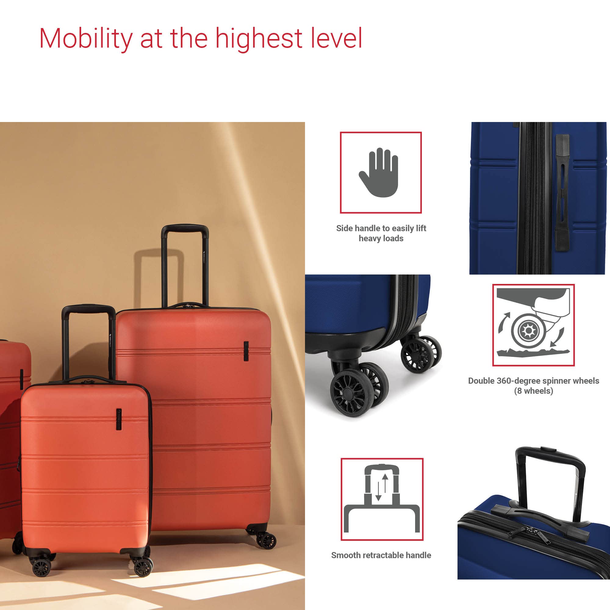 Swiss Mobility LAX Collection 3 Piece Hard Shell Luggage Set, Expandable Suitcases with 360-Degree Spinner Wheels, Retractable Handle, 20 Inch Carry On, 24 Inch Mid-size, 28 Inch Large Bags, Blue