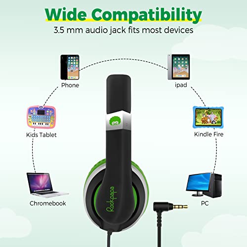 rockpapa I20 Foldable Kids Headphones with Microphone for School, Wired On-Ear Boys Girls Childrens Students Headphones Plug in for Tavel Laptop Computer PC Tablet CD DVD TV Black Green