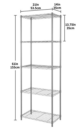 JEROAL 5-Tier Wire Shelving Unit, Multipurpose Standing Storage Shelves Metal Display Rack for Pantry Laundry Bathroom Kitchen Garage Closet Organization,350LbS Capacity,13.8" D×21" W×61" H,Gray