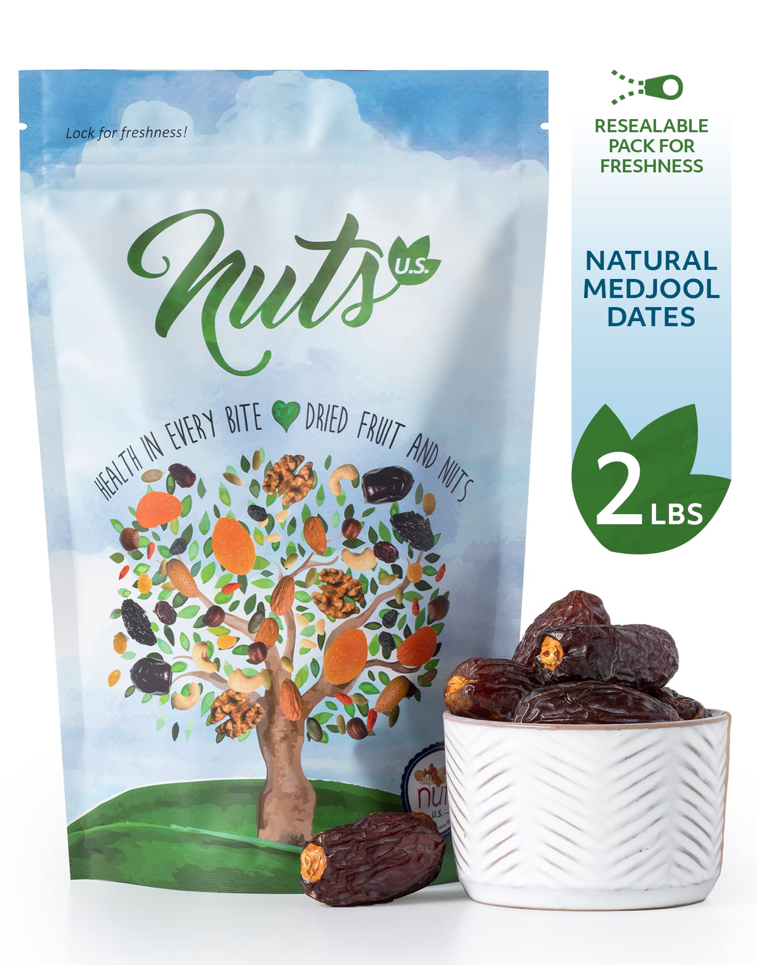 NUTS U.S. - Natural Medjool Dates | Grown In California Desert | Juicy and Sweet | No Added Sugar and Preservatives | Chewy Texture and No Ugly Dates | All Natural Dates!!! (2 LBS)