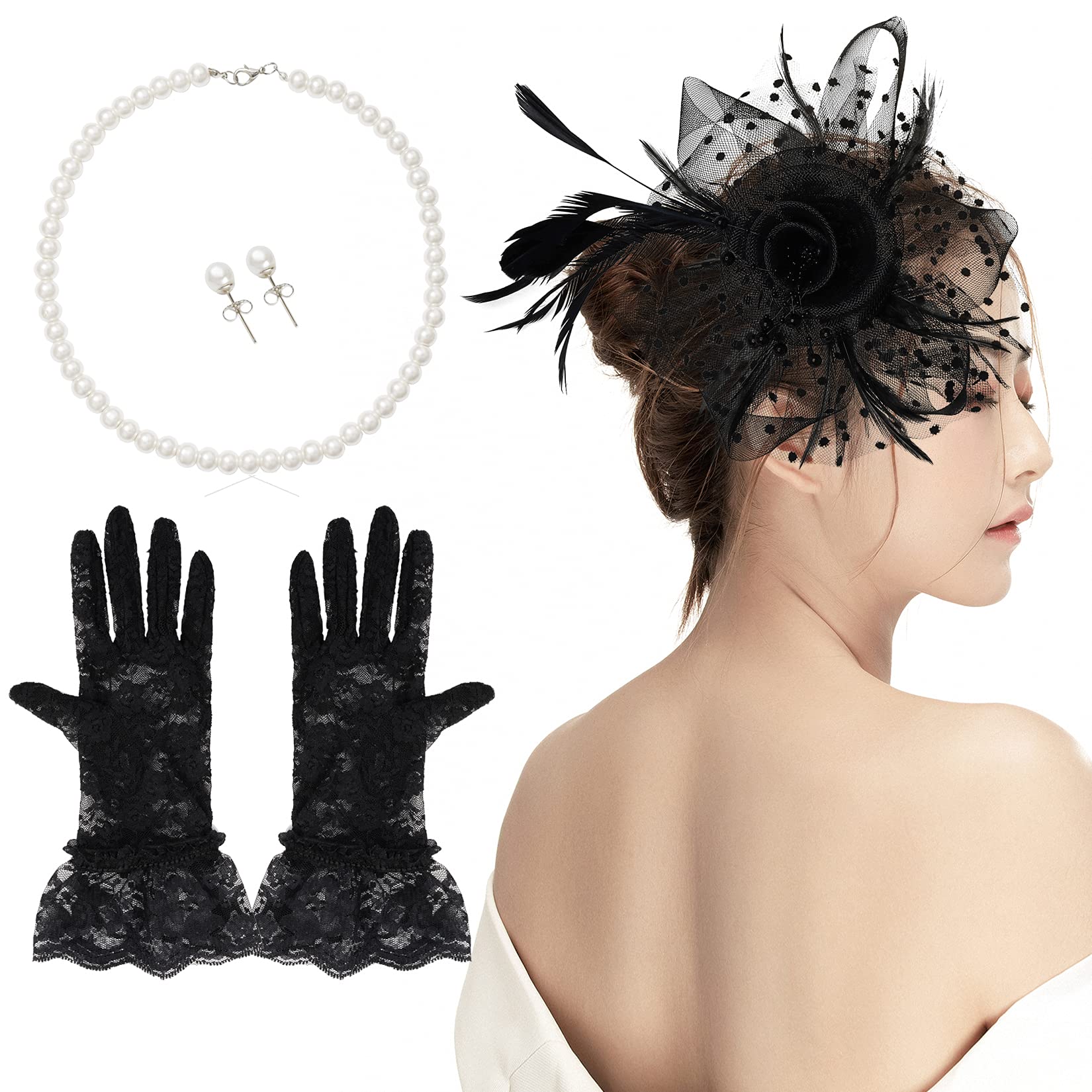 Fascinators Hat for Women Tea Party Hat Headband Set Wedding Flower Mesh Hair Clip with Veil Tea Party Headwear Lace Gloves Pearl Necklace and Earrings for Halloween Party Black