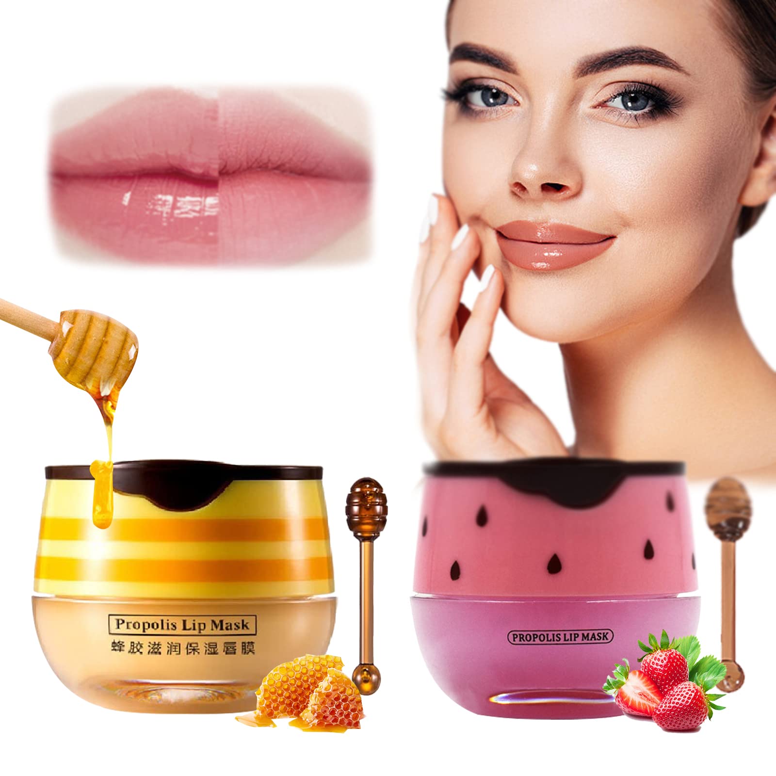Balm Lip Balm Honey Pot, Propolis Lip Balm, Strawberry Mask, Moisturizing Lip Balm Sleeping Lip Mask Hydrating, Lip Scrubs Exfoliator