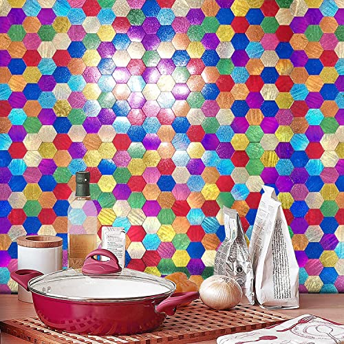 XUANINY Peel and Stick Backsplash Tiles, Rainbow Hexagon Aluminum Surface Metal Mosaic Sticker, Rainbow-Colored Wall Sticker for Living Room, RV,Bar (11.45"x11.02") (11, Hexagon Rainbow Colored)