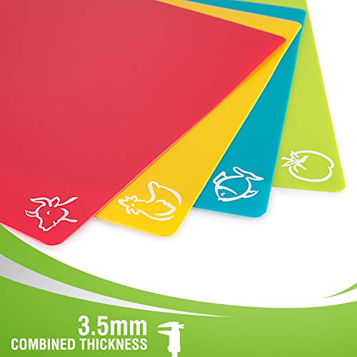 Zulay Kitchen Plastic Cutting Boards for Kitchen - Quality Thin Cutting Mat Set 4 Color - Flexible & Perfect for Chopping Meats, Vegetables, Beef, Fish, Chicken - Food Icons - Extra Large