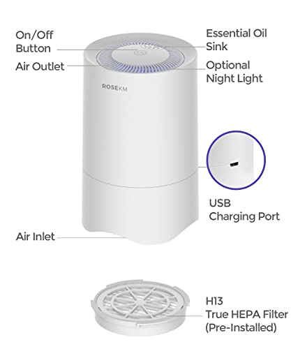 Rosekm Small Air Purifier with 1-Year Pack Replacement Filter, Personal Desk Mini Air Purifier, Room Hepa Air Purifier Fresheners Cleaner for Pets, Smoke, Desktop, Office (White)