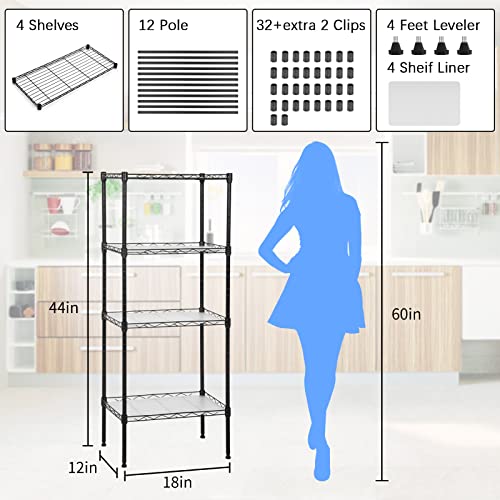 YRLLENSDAN Adjustable Height Wire Shelving with Shelf Liners, 4 Tier Metal Storage Shelves 600lbs Loading Capacity Shelving Units and Storage for Kitchen and Closet (18W x 12D x 44H), Black