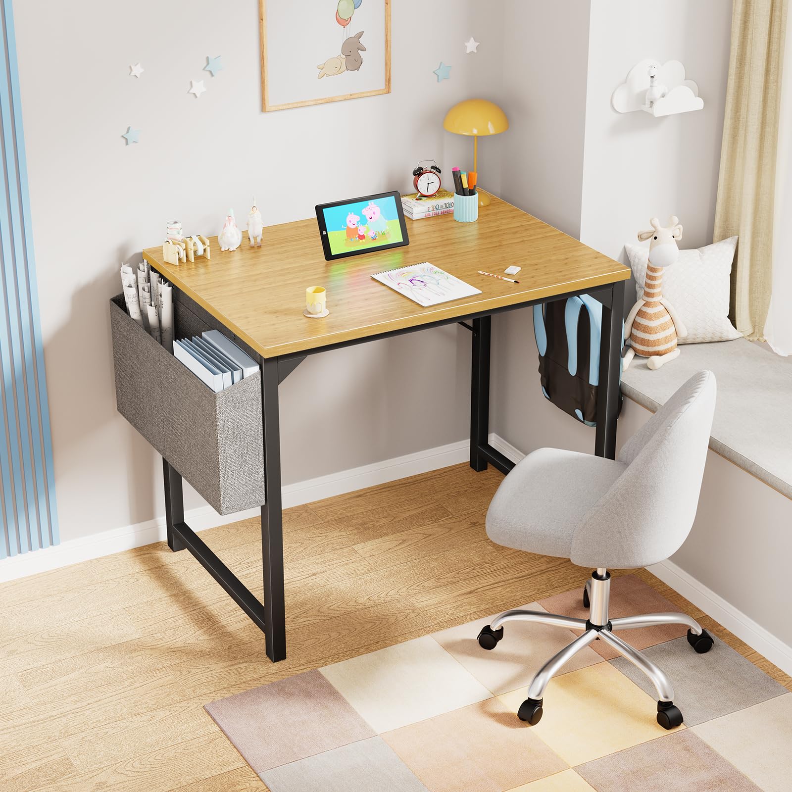 OLIXIS Small Computer Desk 32 Inch Home Office Work Study Writing Student Kids Bedroom Wood Modern Simple Table with Storage Bag & Headphone Hooks