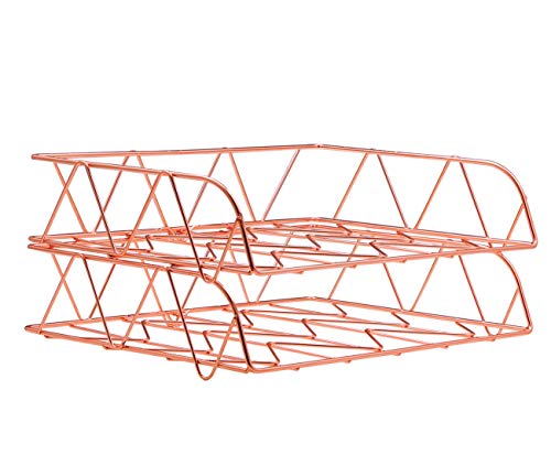 PAG 2 Packs Desktop File Organizer Metal Stackable Horizontal Letter Tray Paper Holder Rack, Rose Gold