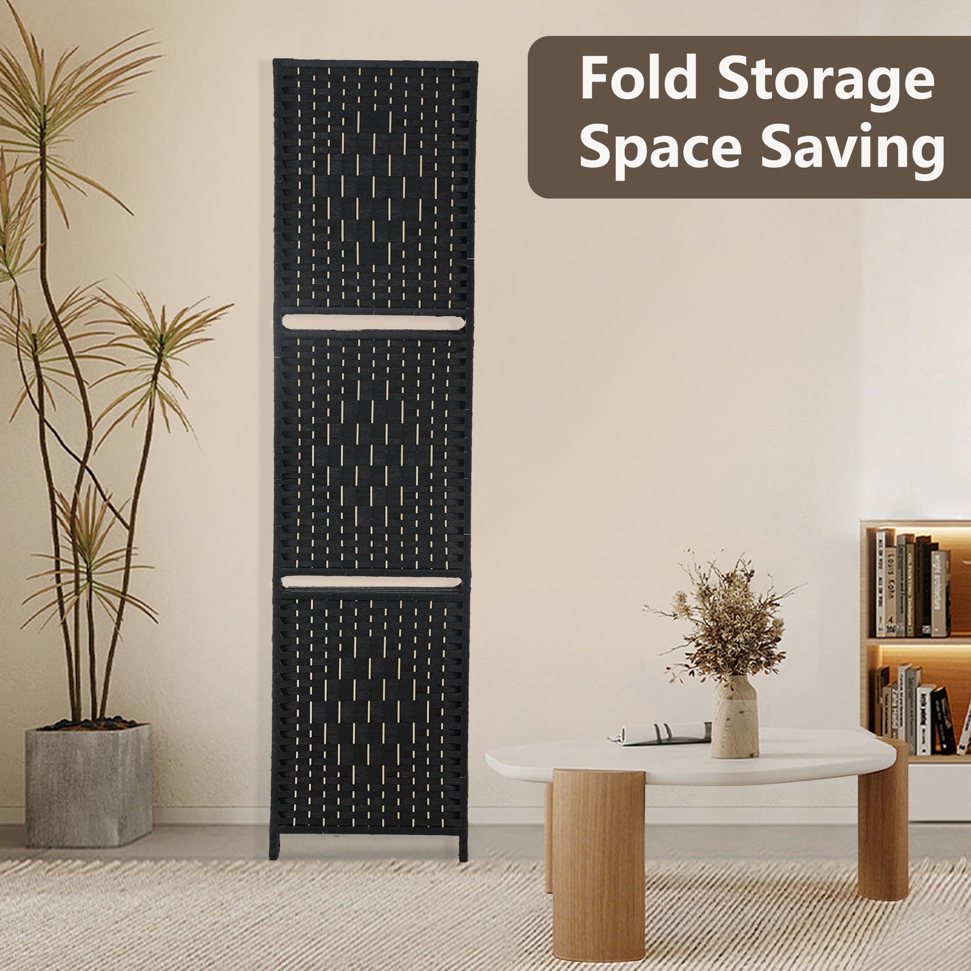 Room divider 6 panel room screen divider wooden screen folding portable partition screen wood with removable storage shelves colour,Black