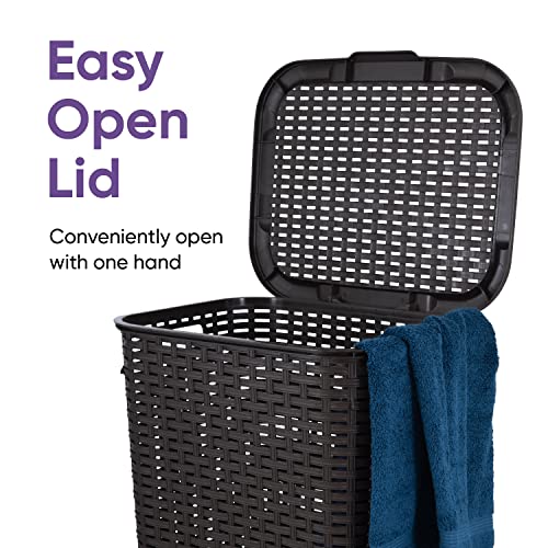 Superio Laundry Hamper Basket With Easy Open Lid 60 Liter Brown, Large Wicker Hamper, Dirty Cloths Storage With Two Cutout Handles, Laundry Room Bin 1.70 Bushel