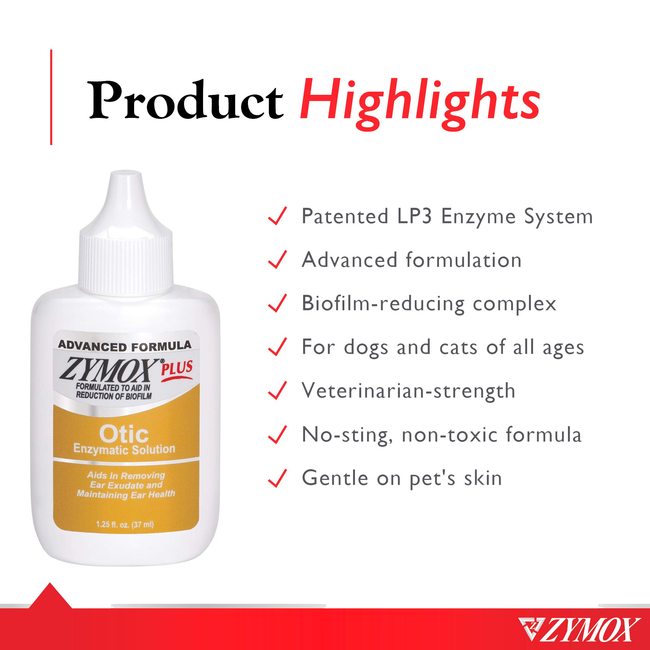 Zymox Advanced Formula Otic Plus Enzymatic Ear Solution for Dogs and Cats Without Hydrocortisone, 1.25oz
