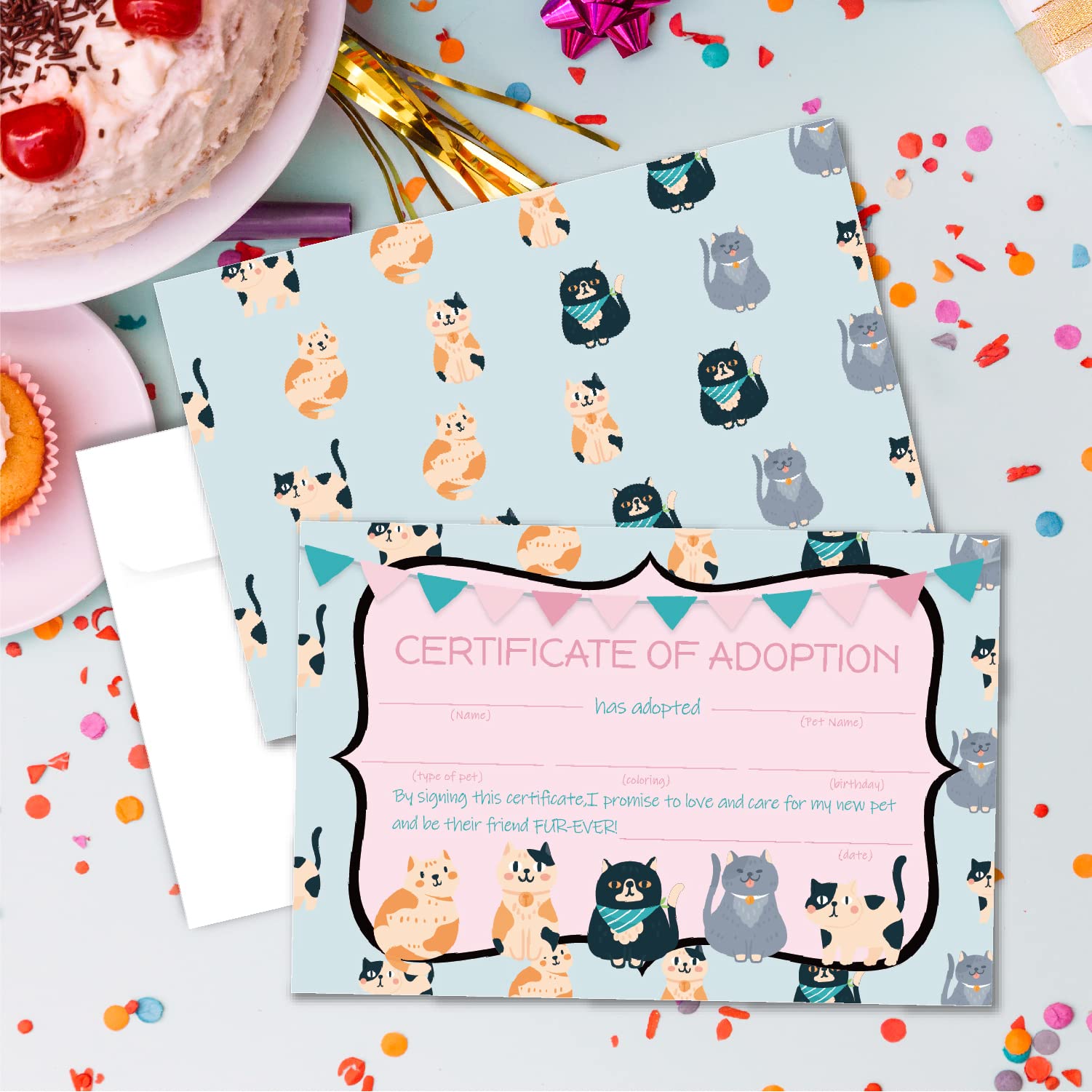 VNWEK Cat Adoption Certificate Party Invitations With Envelopes,Kitty Cat Double-sided Printed Birthday Party Invitation Invite Cards for Kids,Kitten Adoption Birthday Party Invites(20 Sets)