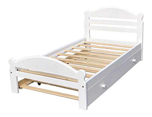 Twin Trundle Bed White Finish Solid Pine Wooden Arizona Trundle Bed 39 x 75 in Wooden Slats Support Unfinished Bedroom Single Wooden Bed Frame Hand Finished