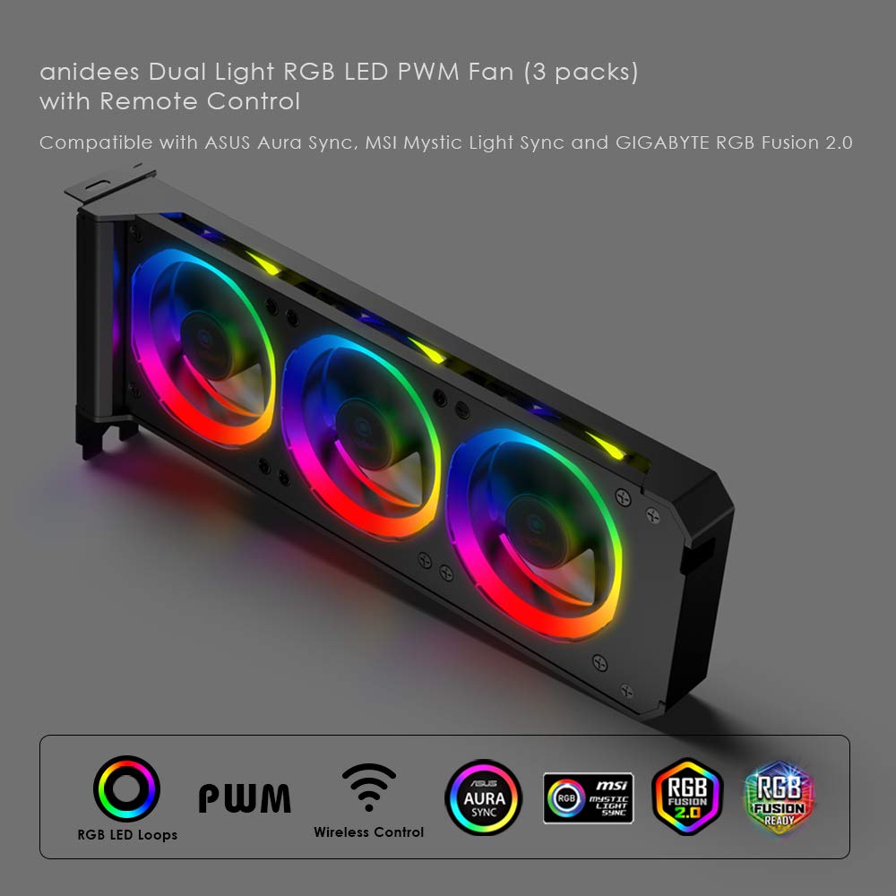 anidees Graphic Card Cooler 3 x 80mm PWM Fan, Support Aura SYNC/Mystic Sync/Aura RGB/RGB Fusion (5V 3 Pin Addressable headers ONLY) PCI Mount Bracket with Remote- AI-GP-CL