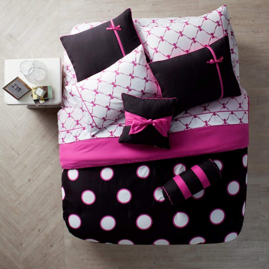 VCNY Home Sophie Polka Dot 10 Piece Bed-in-a-Bag Comforter Set, Full, Black/Pink