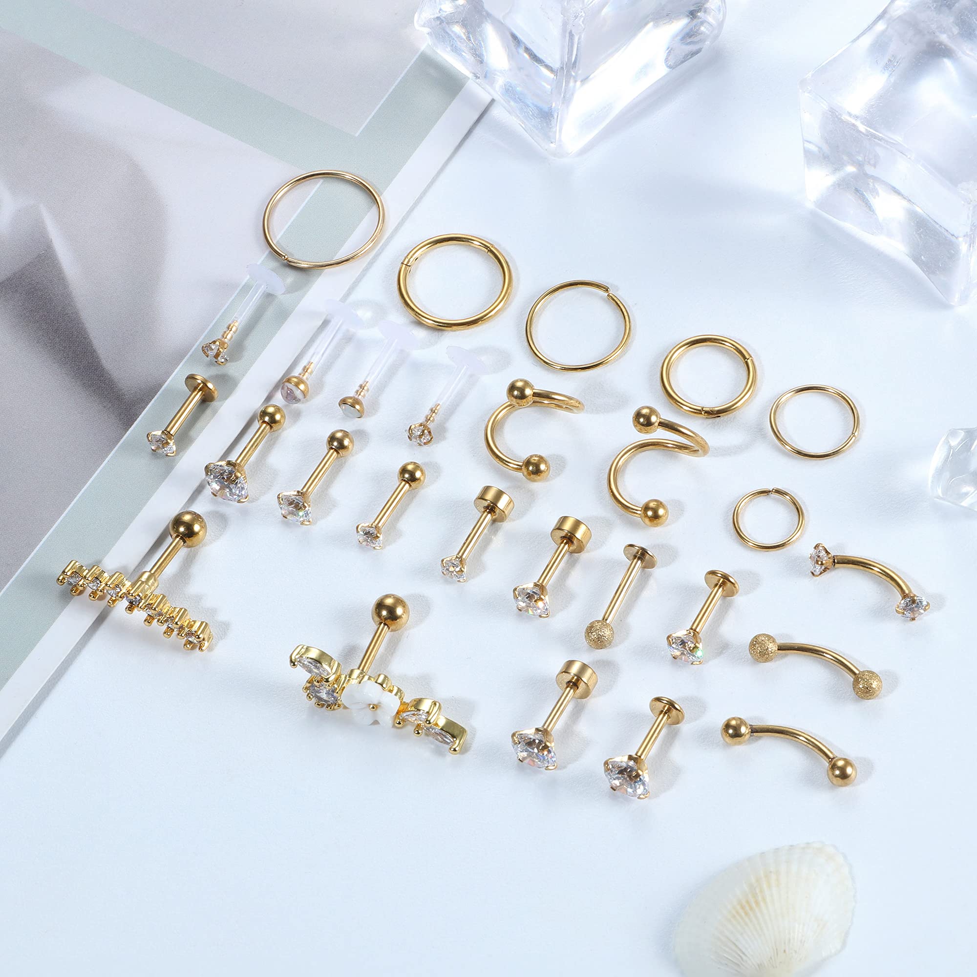 Ubjuliwa 27Pcs 16G Cartilage Earrings Stud Hoop for Women Stainless Steel Forward Helix Piercing Tragus Earrings Conch Piercing Jewelry Gold Tone