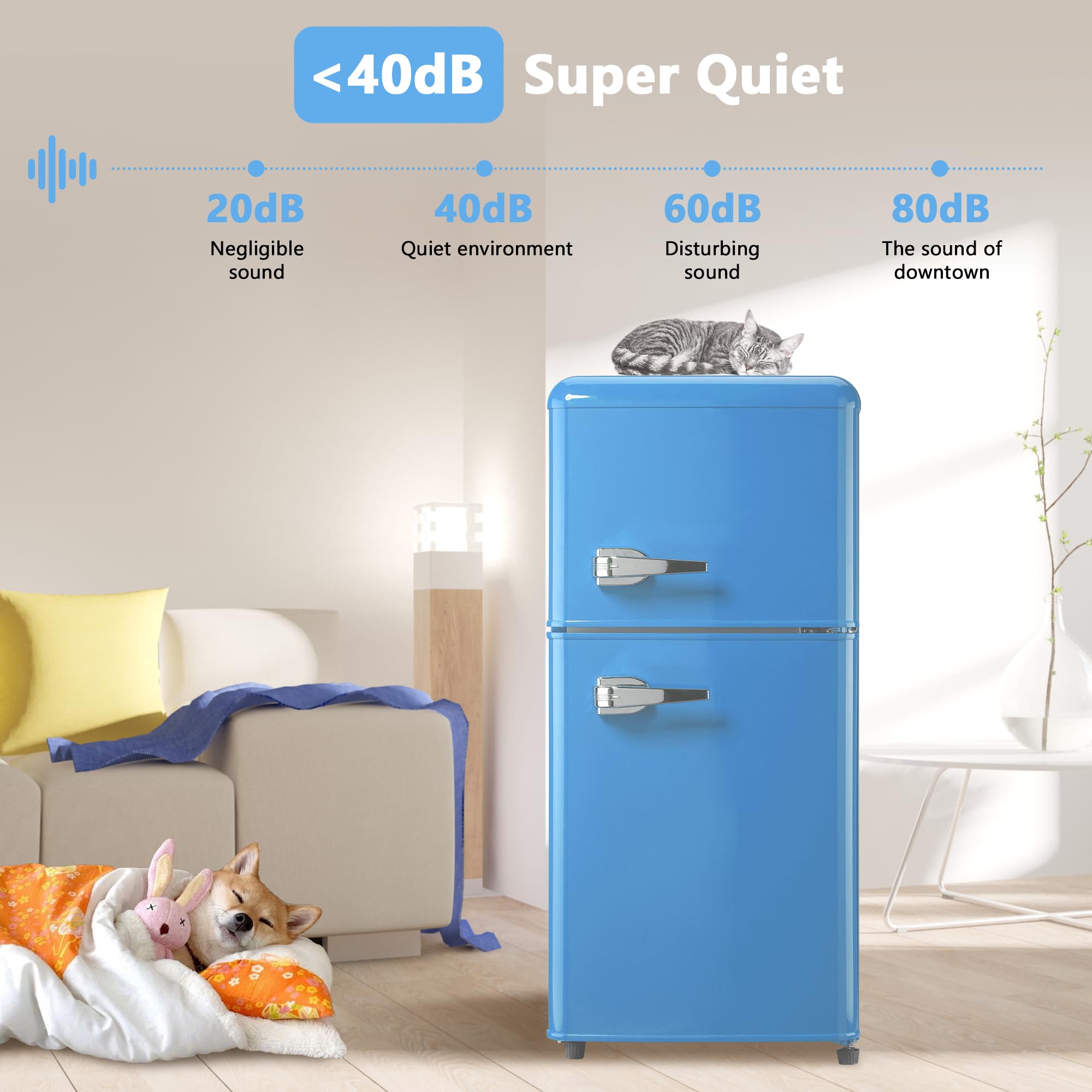 JANREAY Mini Refrigerator with Freezer 3.5 Cu.Ft, Small Refrigerator with 7 Settings Temperature, Adjustable Shelves, 2 Doors, Low Noise, Mini Fridge for Apartment, Bedroom, Office, Dorm Blue