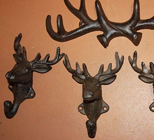 Southern Metal Wall Mounted Deer Head Antler Coat Hat Rack Wall Hooks, Solid Cast Iron Bundle of 5