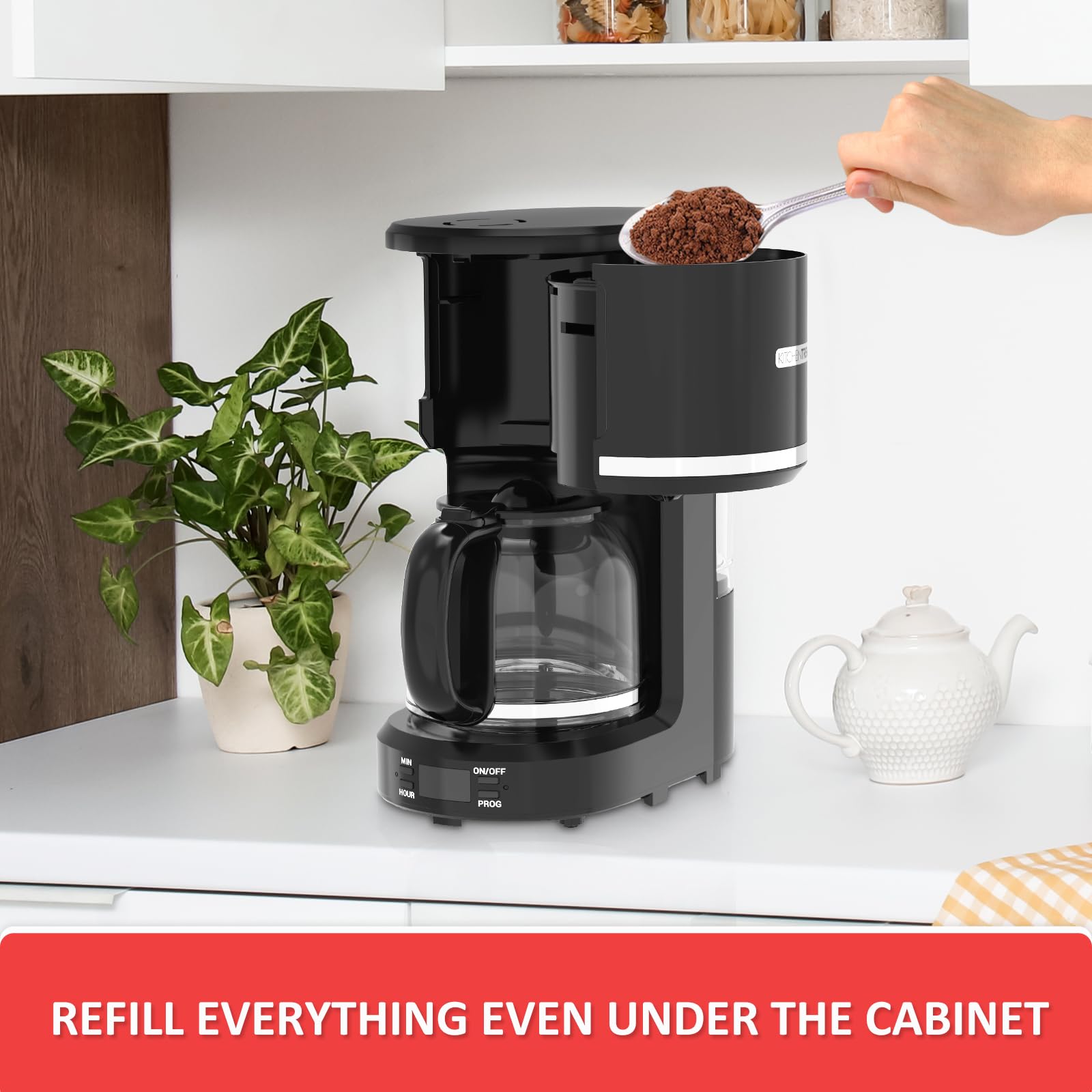 KITCHENTREND 12-Cup Programmable Coffee Maker with Permanent Filter, Removable Water Reservoir Coffee Machine, Drip Coffee Maker, Delay Brew, Timer & Keep Warm, Swing Open Brew Basket, Black