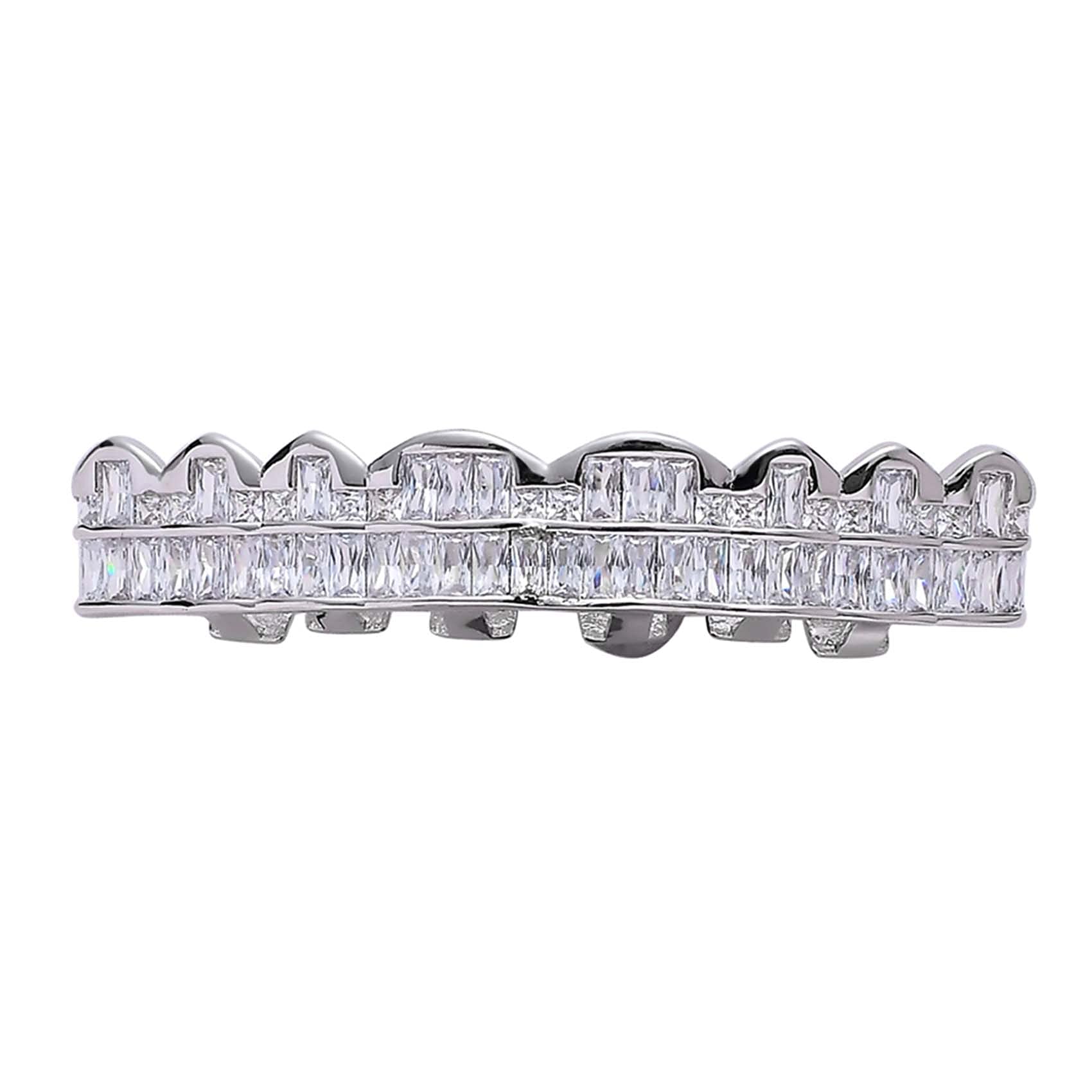 LKV Silver Teeth Grillz for Men and Women, Hip Hop Iced Out Diamond Mouth Grills for Your Teeth Top & Bottom, Rapper Costume Teeth Grillz with Extra Molding Bars