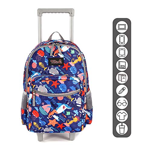Tilami Rolling Backpack 18 inch Double Handle Wheeled Laptop Boys Girls Travel School Children Luggage Toddler Trip, Shark