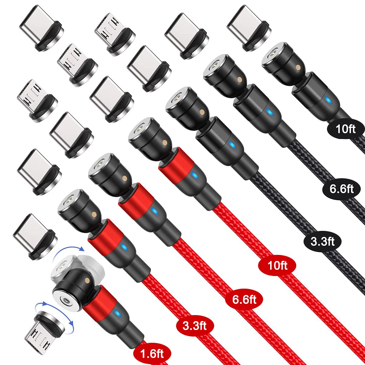 Bojianxin Magnetic Charging Cable(7-Pack, 1.6ft/3.3ft/3.3ft/6.6ft/6.6ft/10ft/10ft) 540° Rotation Magnetic USB Cable, 3 in 1 Magnetic Phone Charger with LED Light Compatible with Micro USB, Type C
