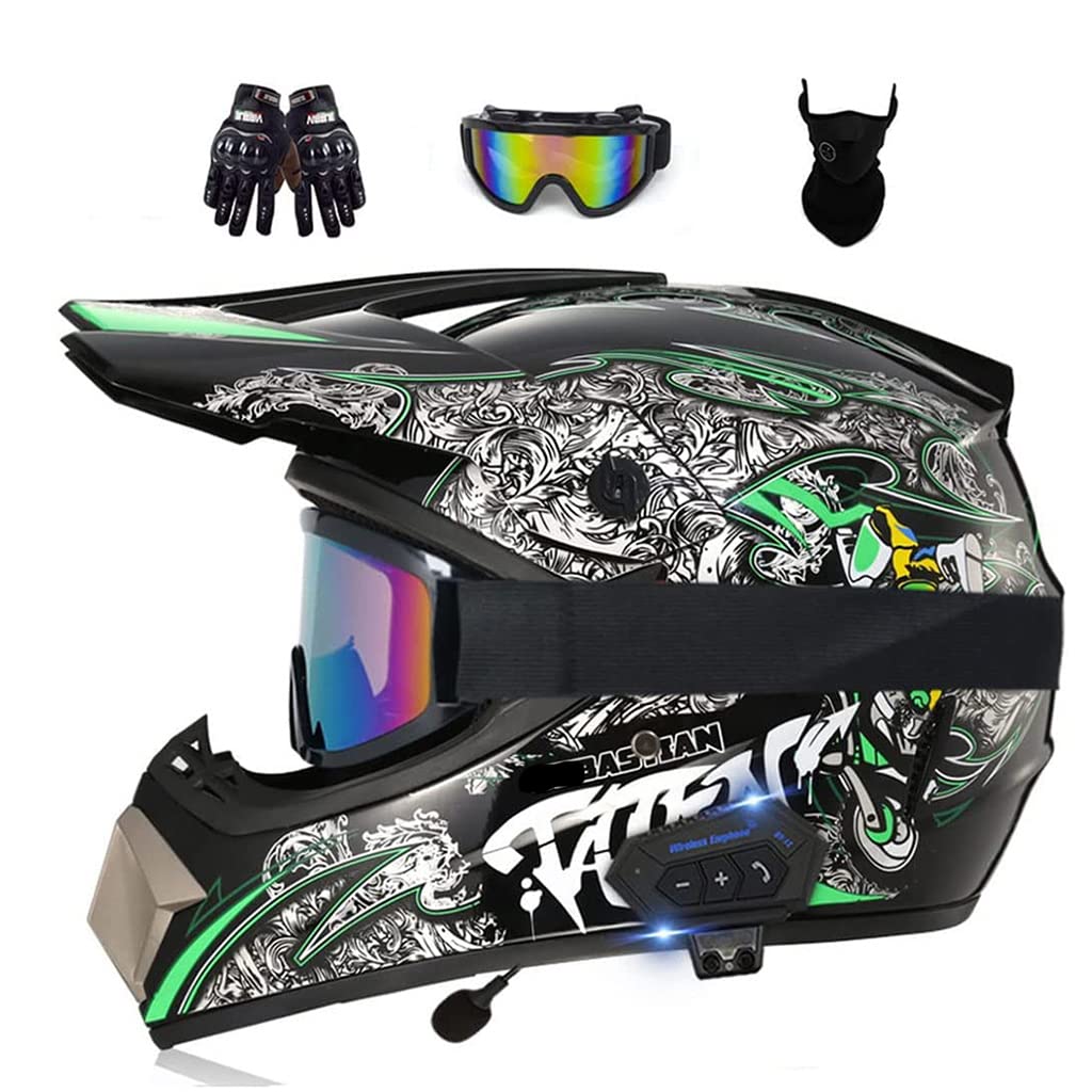 Youth & Kids Motocross Offroad Street Bluetooth Helmet, Mountain Bike ATV Helmet+Goggles+Gloves+Mask, Dirt Bike Downhill Off-Road MTB MX Full Helmets, DOT Certified -B-L