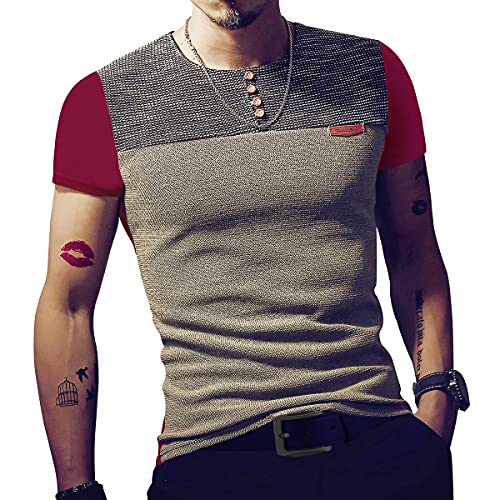 LOGEEYAR Mens Premium Fitted Short-Sleeve Contrast Color Stitching T-Shirt(Red XL)