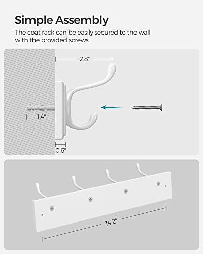 SONGMICS Wall-Mounted Coat Rack, Hook Rack, 4 Dual Metal Hooks, for Coats, Bags, Keys, in the Entryway, Bedroom, Living Room, White ULHR23WT