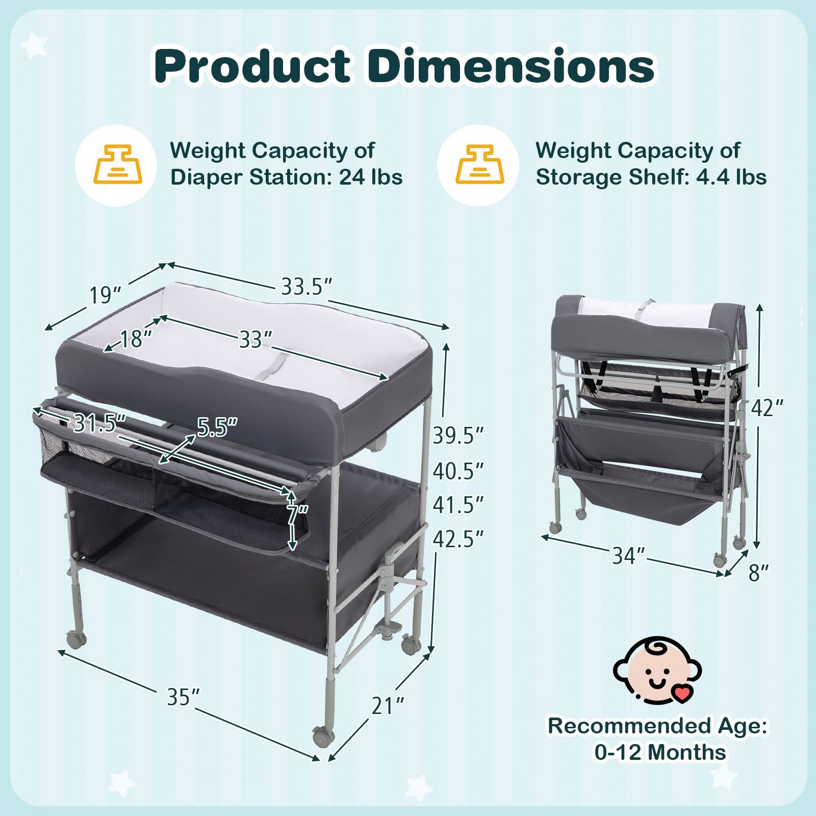 HONEY JOY Portable Baby Changing Table, 3-Tier Foldable Changing Station w/Wheels for Infant, Waterproof Diaper Changing Pad, 4 Adjustable Heights, Side Storage Basket for Newborn Essentials (Gray)