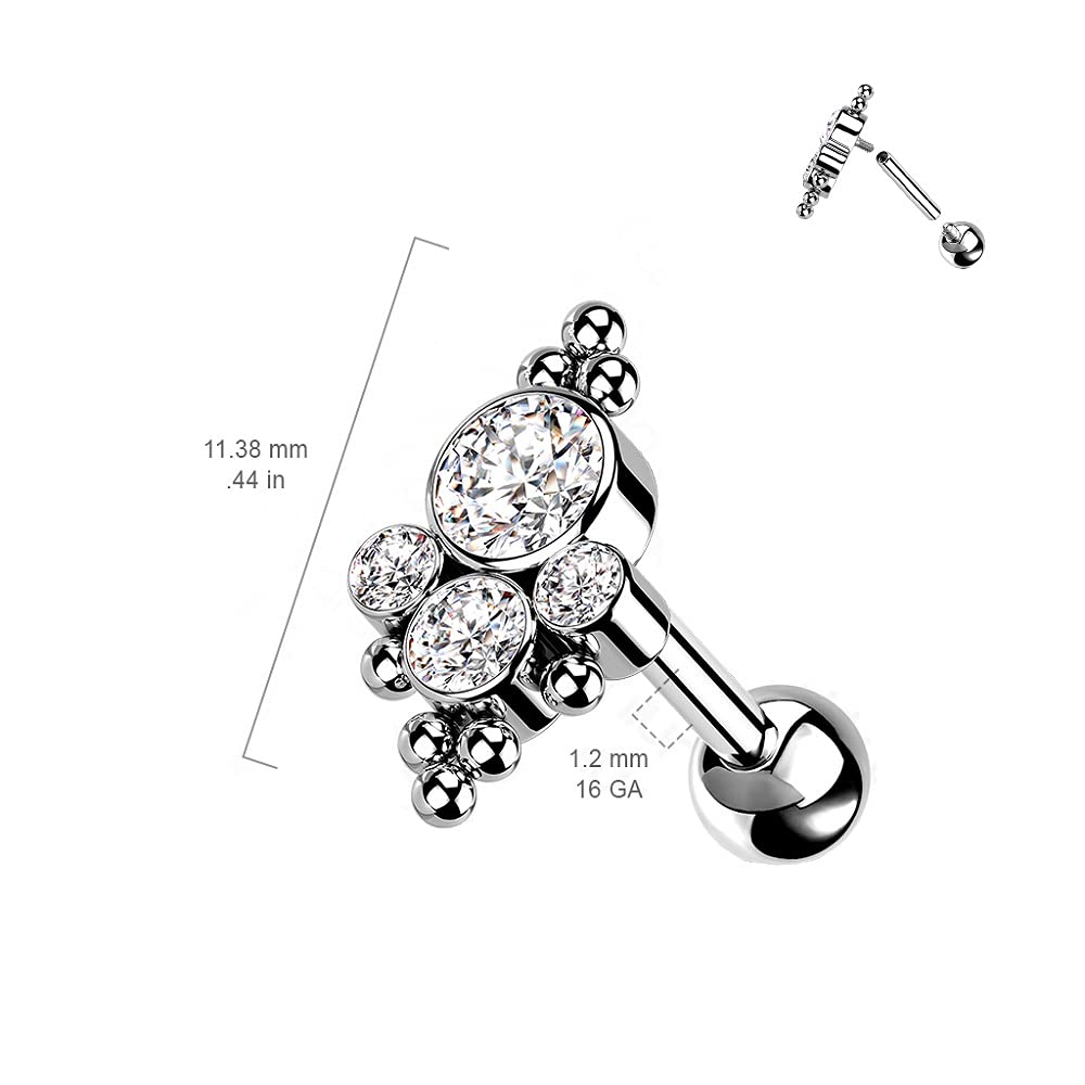 Pierced Owl 16GA G23 Implant Grade Titanium CZ Crystal and Ball Cluster Internally Threaded Barbell (Vitrail Medium)