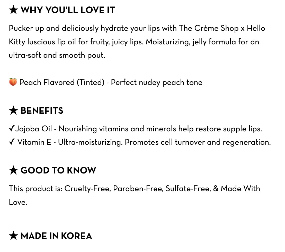 The Creme Shop x Hello Kitty Kawaii Kiss Moisturizing Lip Oil - Peach Flavored