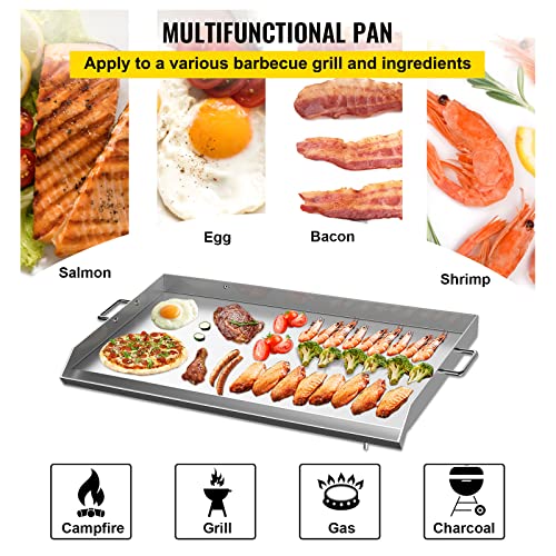 VEVOR Stainless Steel Griddle,32" X 17" Universal Flat Top Rectangular Plate, BBQ Charcoal/Gas Grill with 2 Handles and Grease Groove with Hole,Grills for Camping, Tailgating and Parties