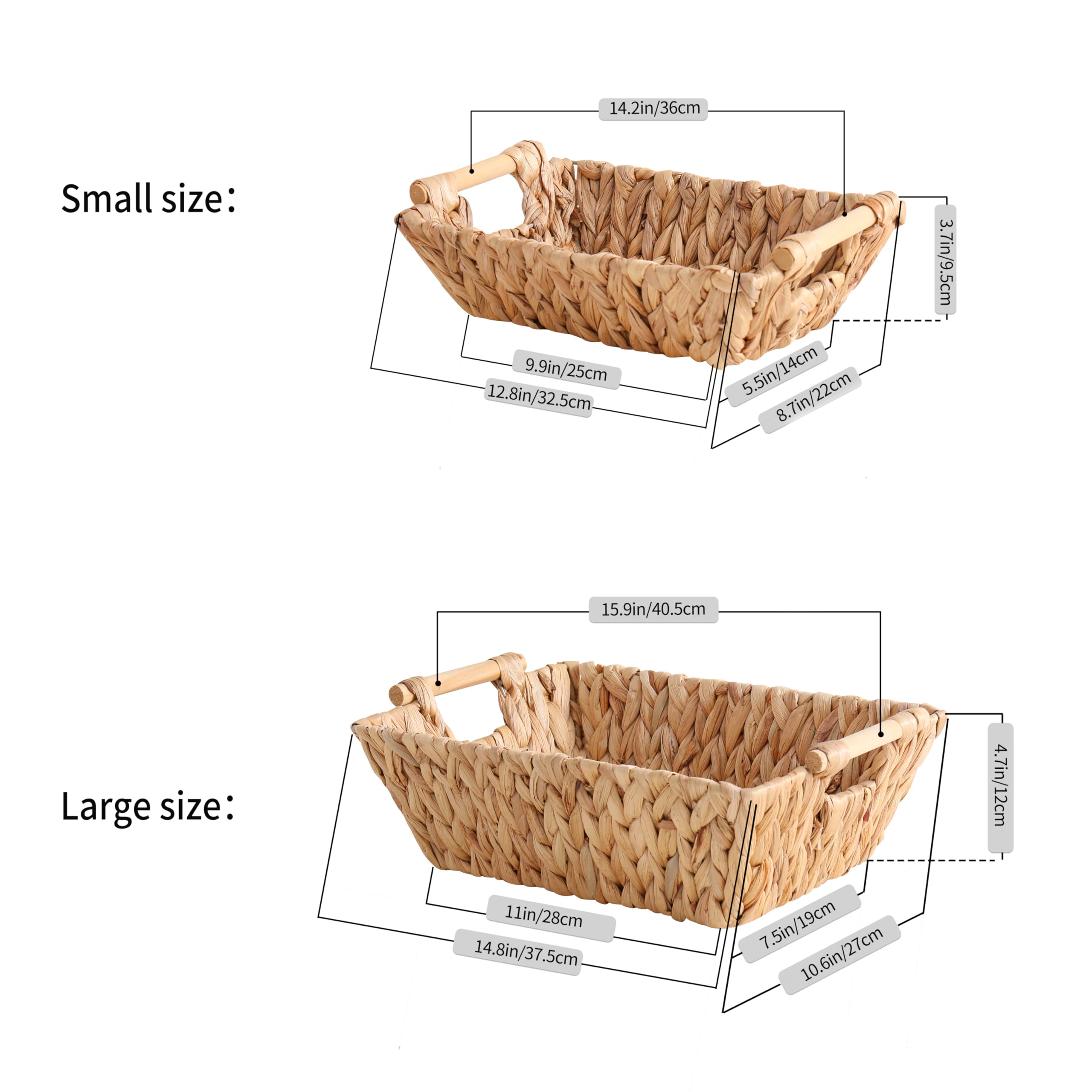 LONGERO Handcrafted Water Hyacinth Basket, Hand Woven Wicker Shelf Basket for Storage, Organizing and Decoration, Rectangular, with Straight Wooden Handles, 1 Pack (Large)