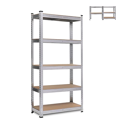 Timati Reversible Metal 5-Tier Adjustable Storage Shelving with Foot Pads, Heavy Duty Garage Shelving for Warehouse, Basement, Kitchen- Silver