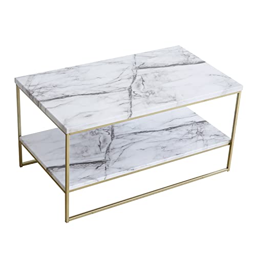 roomfitters 35” Faux Marble Coffee Table, Marble Top Rectangular Coffee Table, Center Table with Gold Metal Frame, 2 Tier Living Room Table, Cocktail Table with Storage for Living Room