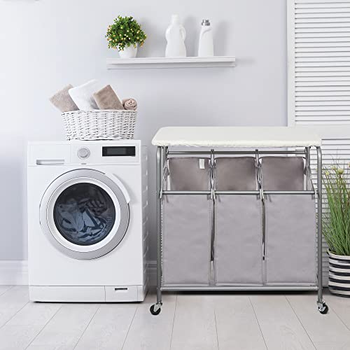 STORAGE MANIAC 3-Section Laundry Sorter with Foldable Ironing Board, Heavy-Duty Rolling Laundry Cart with and Removable Bags, Triple Laundry Hamper with Wheels, Laundry Sorter with Top Shelf, Grey