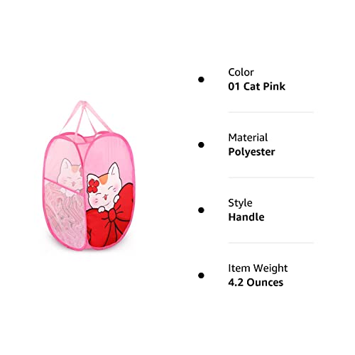 WEI LONG Mesh Popup Hamper-Foldable Lightweight Basket for Washing-Durable Clothing Storage for Kids Room,Students College Dorm,Home,Travel & Camping-Pop-up Clothes Hamper (Pink Kitty Cat)