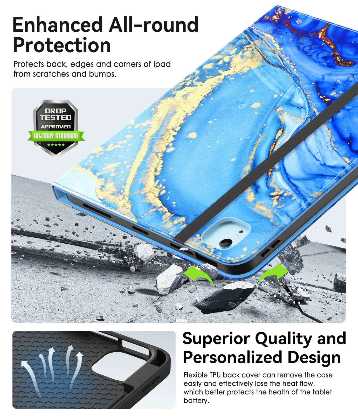 ZoneFoker Case for iPad Air 11-inch M2 (2024), iPad Air 5th/4th Generation 10.9'' (2022/2020), iPad Pro 11 (4th/3rd/2nd/1st Gen), Multi-Angle Stand Leather Cover with Pencil Holder&Pocket, Marble Blue