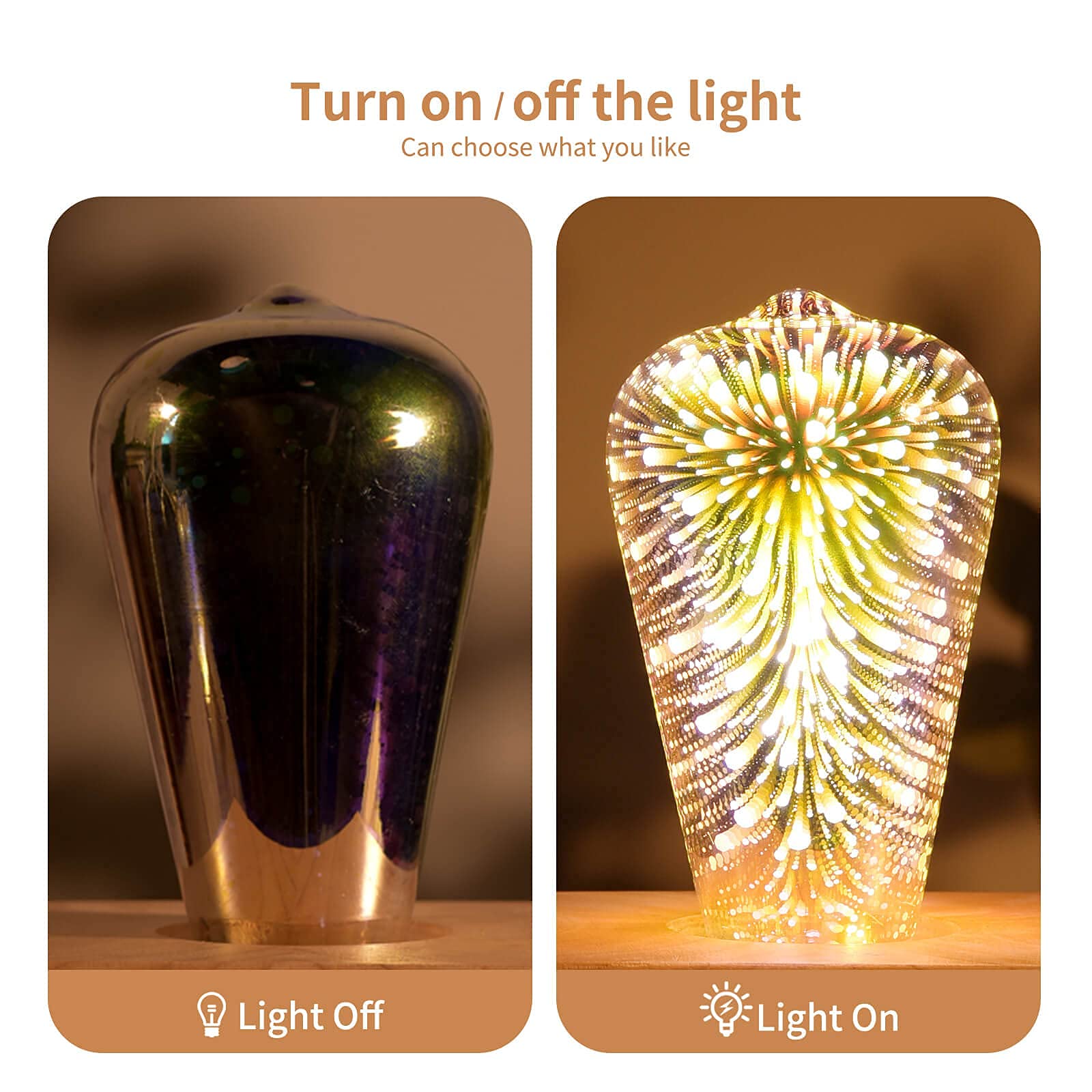 Porseme 3D Fireworks Decorative Light Bulb, E26 Base, 4W, AC100-240V, Glass Bulbs with Soft Warm Light, Shiny Decor for Home, Bedroom, Party (Included 3-Pack ST19 Bulbs)