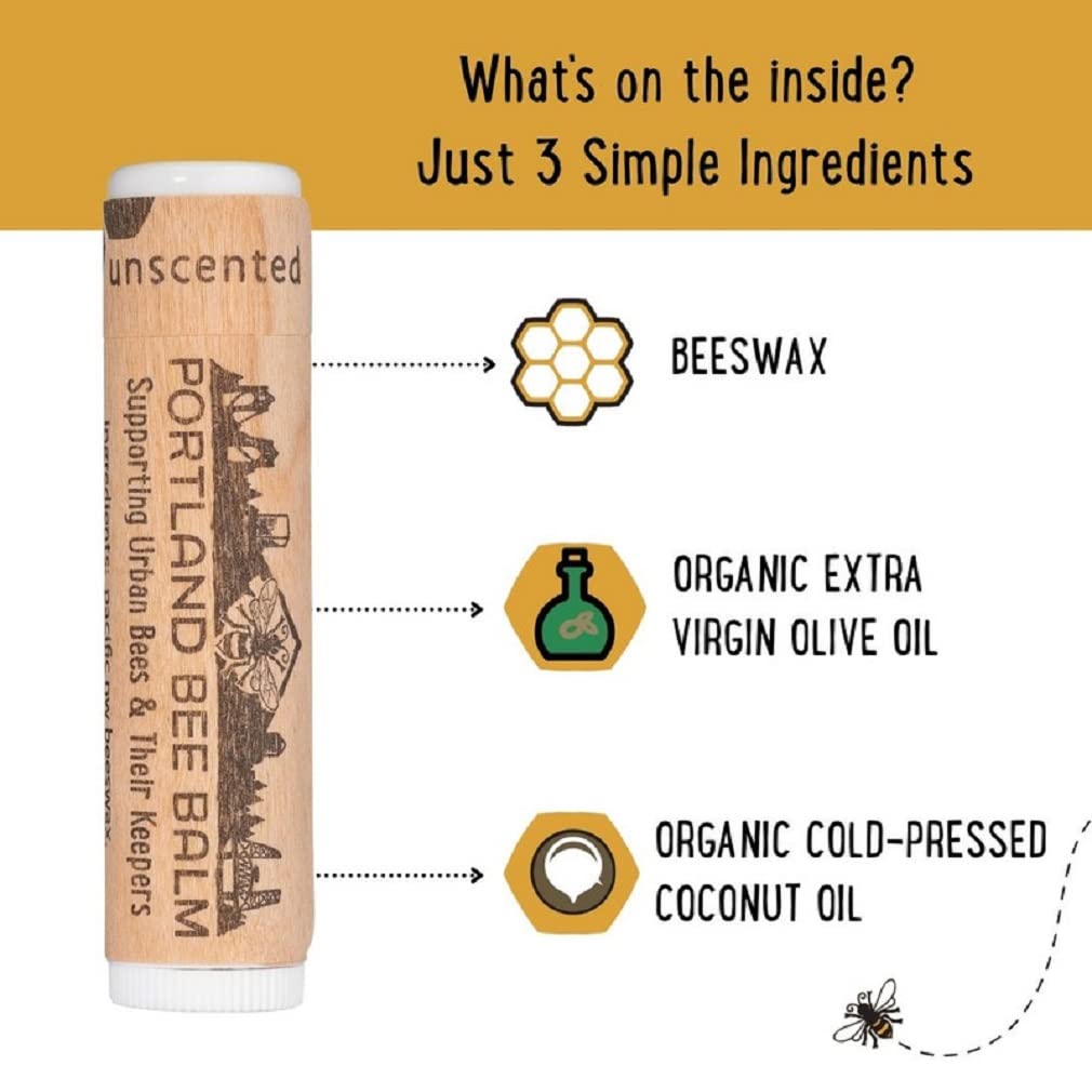 Portland Bee Balm All Natural Handmade Beeswax Based Lip Balm, Unscented 3 Count