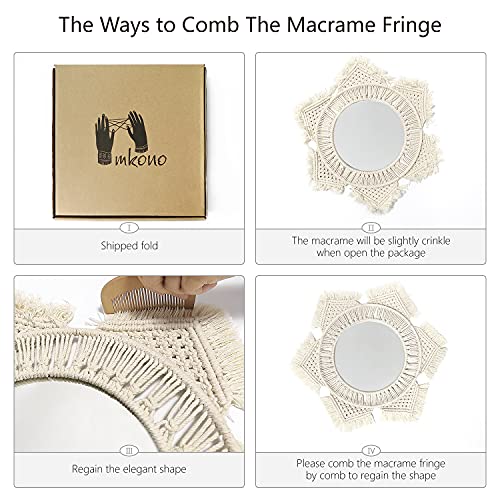Mkono Hanging Wall Mirror with Macrame Fringe Round Boho Mirror Art Decor for Apartment Living Room Bedroom Baby Nursery Dorm Entryways, Ivory