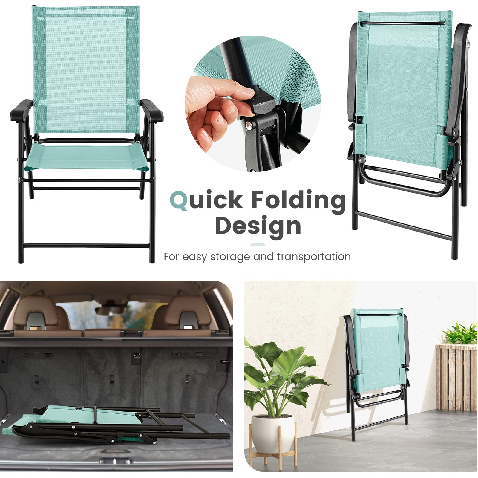Giantex Patio Chairs Set of 4, Folding Patio Chairs for Deck Beach Camping Dining Picnic, Portable Sling Back Chairs Space Saving Turquoise