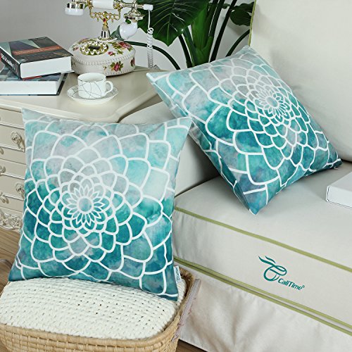 Pack of 2 CaliTime Cozy Fleece Throw Pillow Cases Covers for Couch Bed Sofa Manual Hand Painted Print Colorful Dahlia Compass 20 X 20 Inches Teal