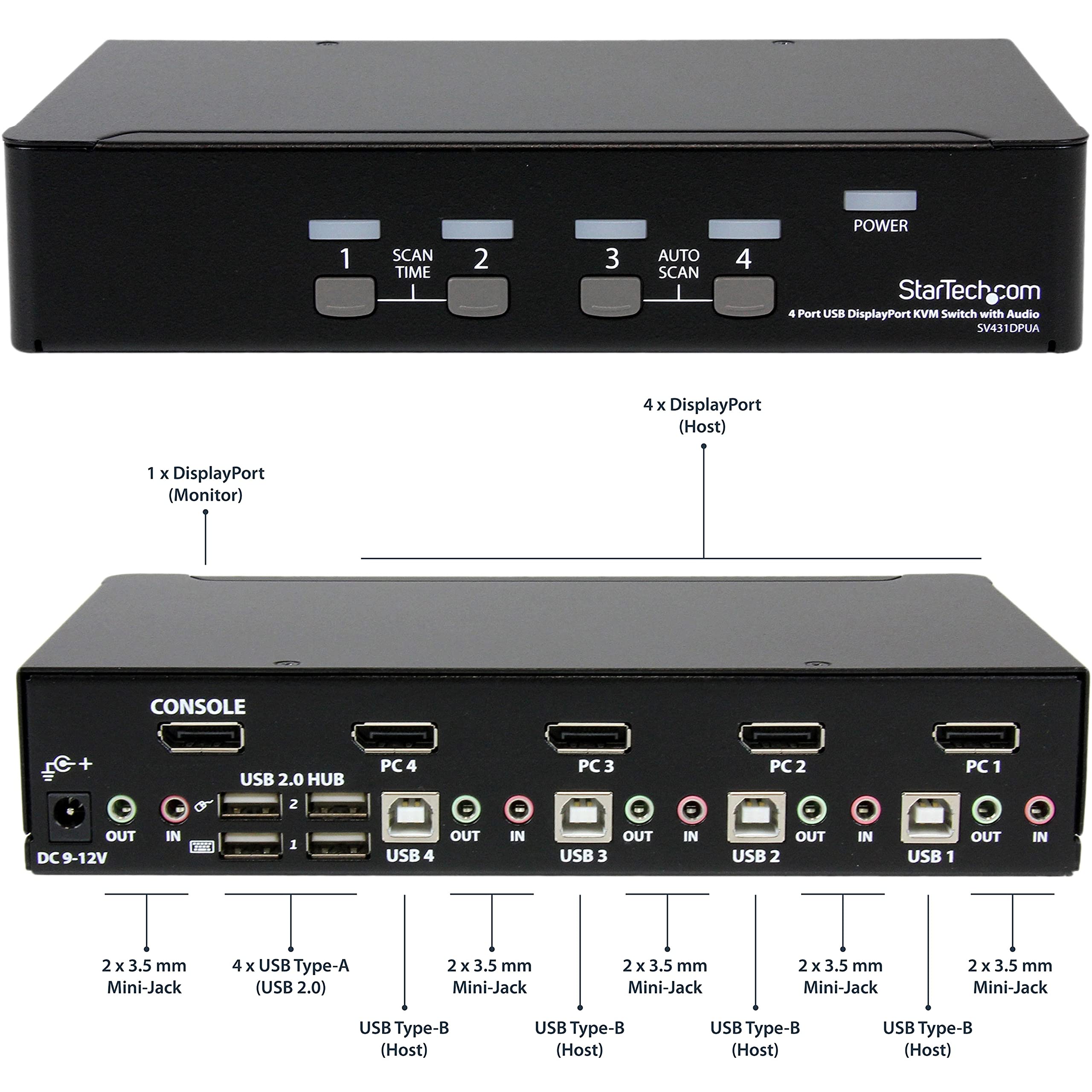 StarTech.com 4 Port DisplayPort KVM Switch - 4K 60Hz - Single Display - Dual Port UHD DP 1.2 USB KVM Switch with Integrated USB 2.0 Hub & Audio - Dell, HP, Apple, Lenovo - TAA Compliant (SV431DPUA2)