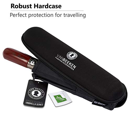 VAN BEEKEN Umbrella with Wooden Handle β Lightweight, Portable and Compact, Ideal for Travel β City Umbrella with Auto Open Close Function - Umbrella Windproof for Men