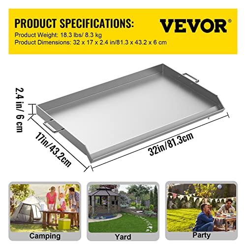 VEVOR Stainless Steel Griddle,32" X 17" Universal Flat Top Rectangular Plate, BBQ Charcoal/Gas Grill with 2 Handles and Grease Groove with Hole,Grills for Camping, Tailgating and Parties