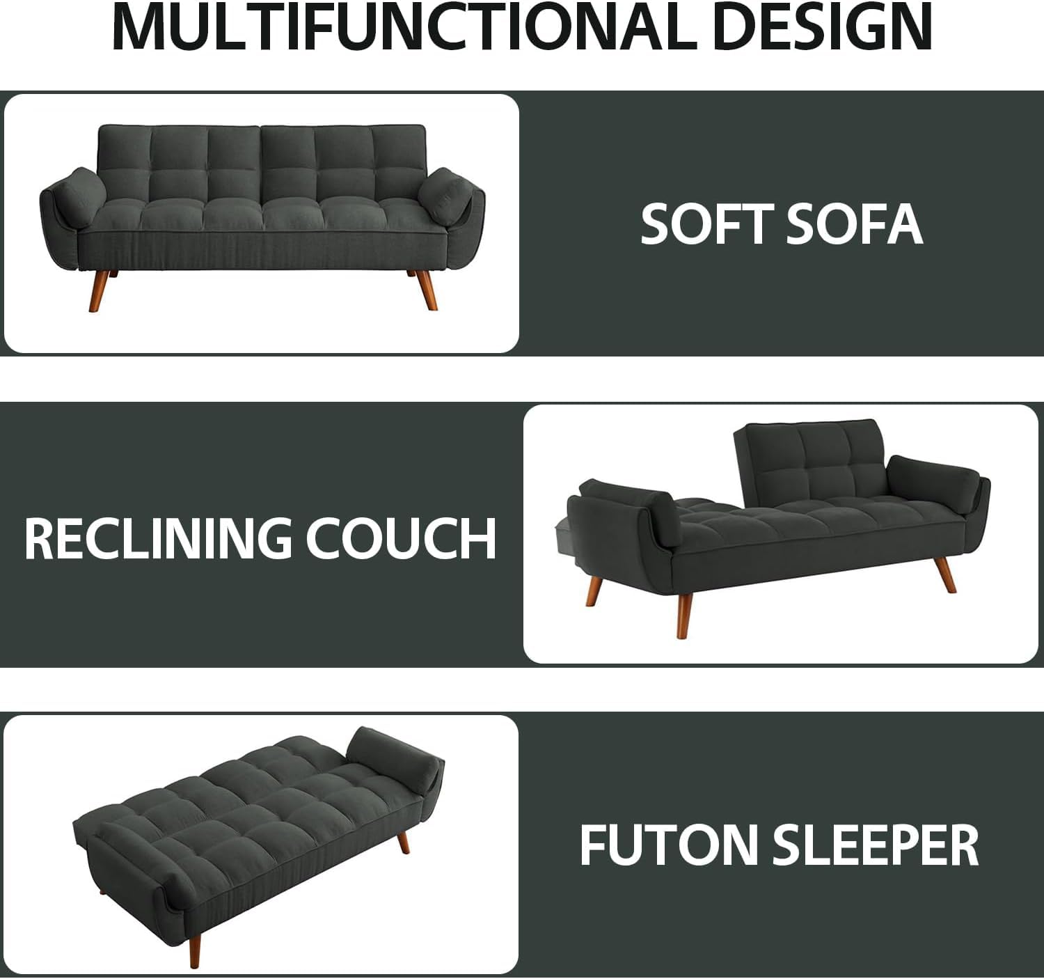 Relyblo Futon Sofa Bed, 76 inch Convertible Sectional Fabric Sleeper Couch, Splitback Loveseat with Tapered Legs, Modern Lounge for Living Room, Study, Bedroom, Apartment, Office,Yellow